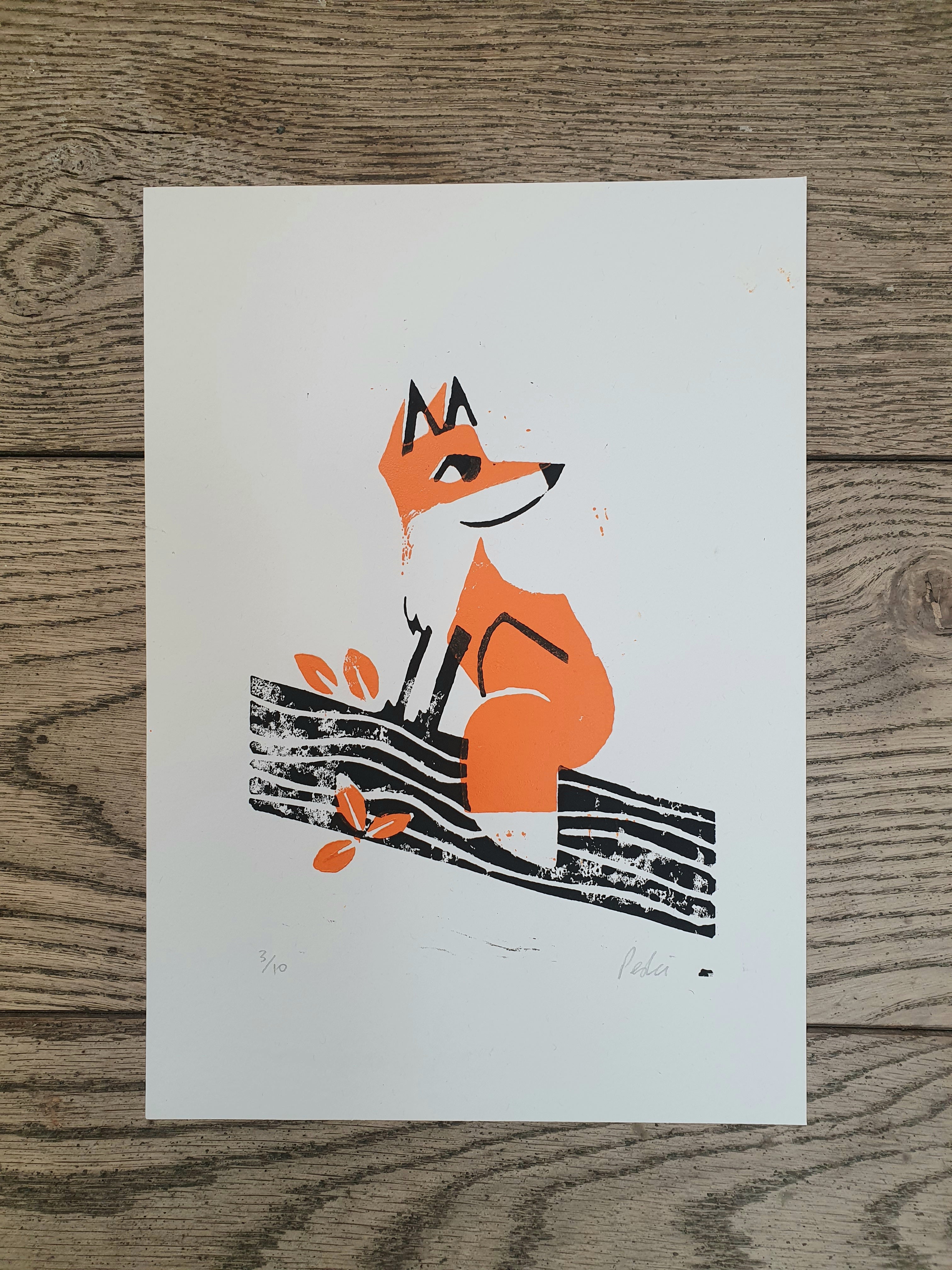 What's up Fox - A4 lino print by Peski Studio